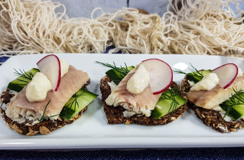 Smoked fish canapes stock photo. Image of roll, health - 202051890
