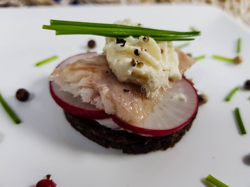 Smoked fish canapes stock image. Image of olive, halibut - 202052093