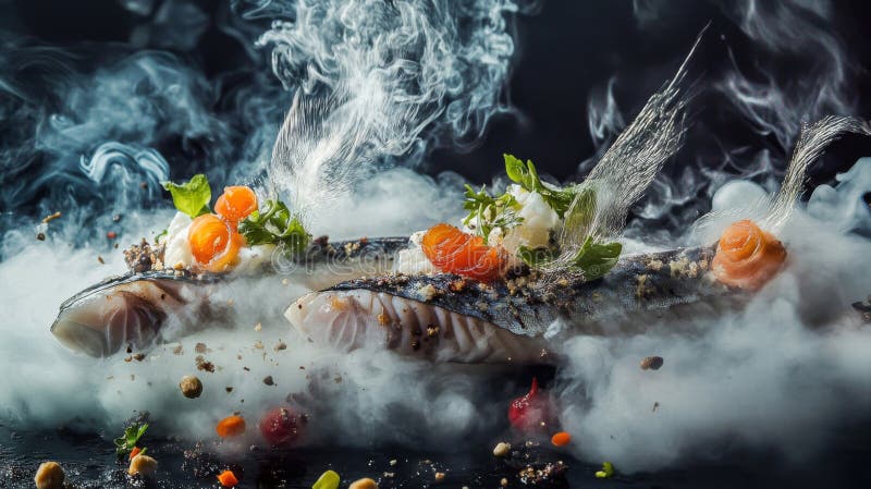 Smoked Fish Dish with Dry Ice and Garnish Stock Illustration ...