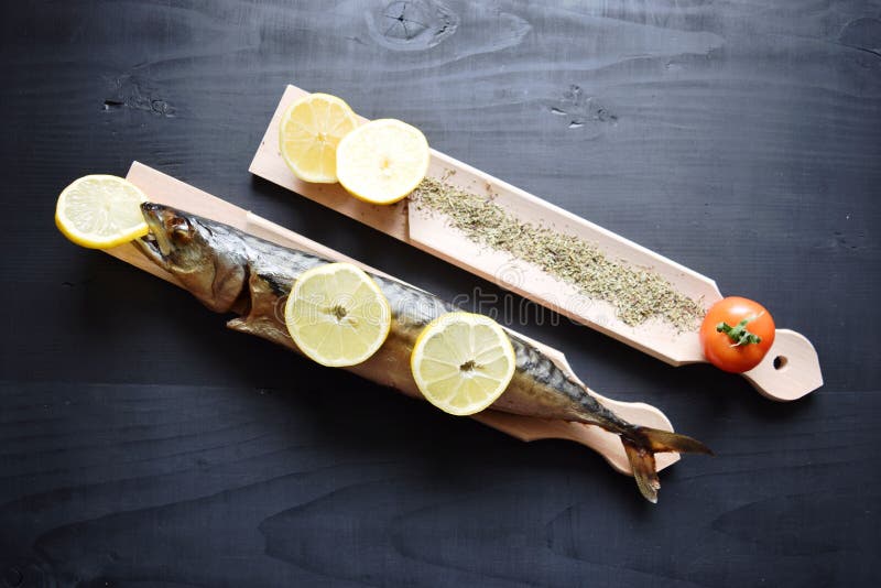 Smoked Fish with Lemon, on Wooden Board, Mackerel Stock Image - Image ...