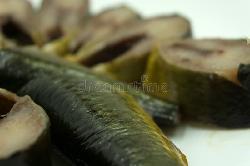 Smoked Fish Shell Skin Slices Tail Wood . Stock Photo - Image of ...