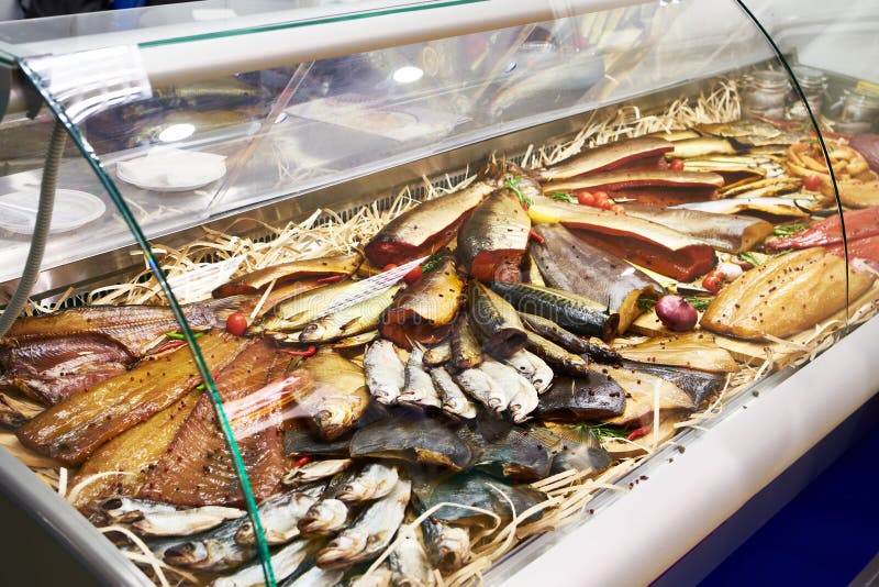 Smoked fish in shop stock photo. Image of counter, delicious - 172479952