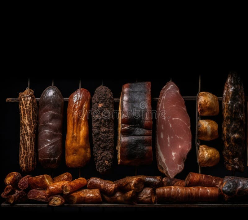 Smoked Fresh Meat, Different Varieties in a Row. Black Background ...