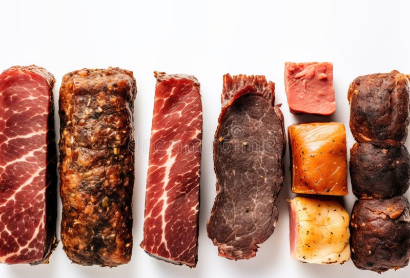 Smoked Fresh Meat, Different Varieties in a Row. White Background ...