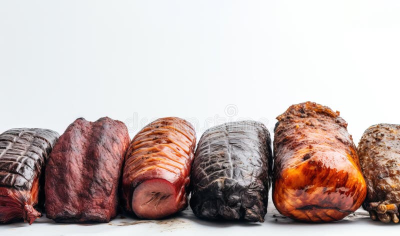 Smoked Fresh Meat, Different Varieties in a Row. White Background ...