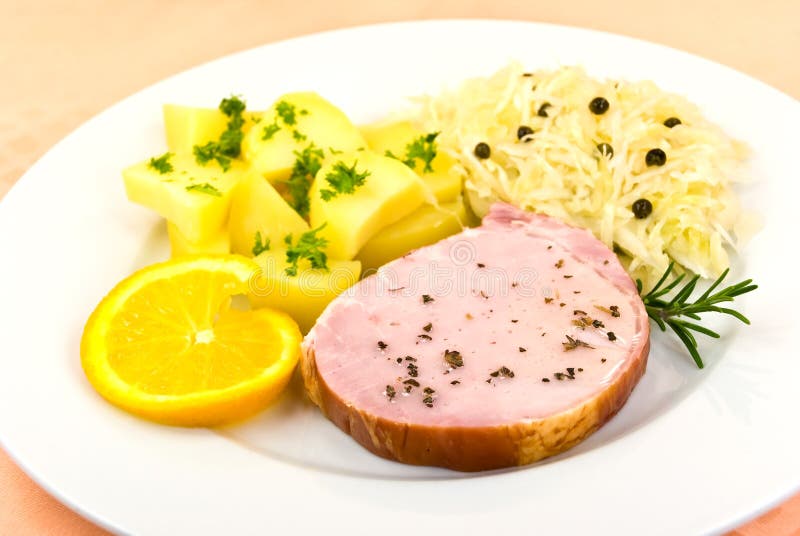 Smoked Ham with Cabbage and Boiled Potatoes Stock Photo - Image of chop ...