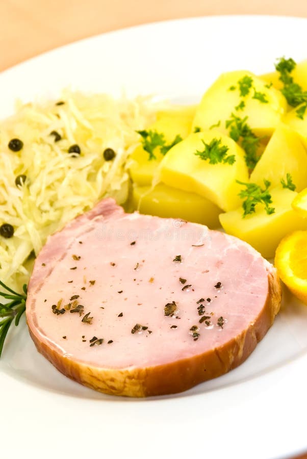 Smoked Ham with Cabbage and Boiled Potatoes Stock Photo - Image of ...