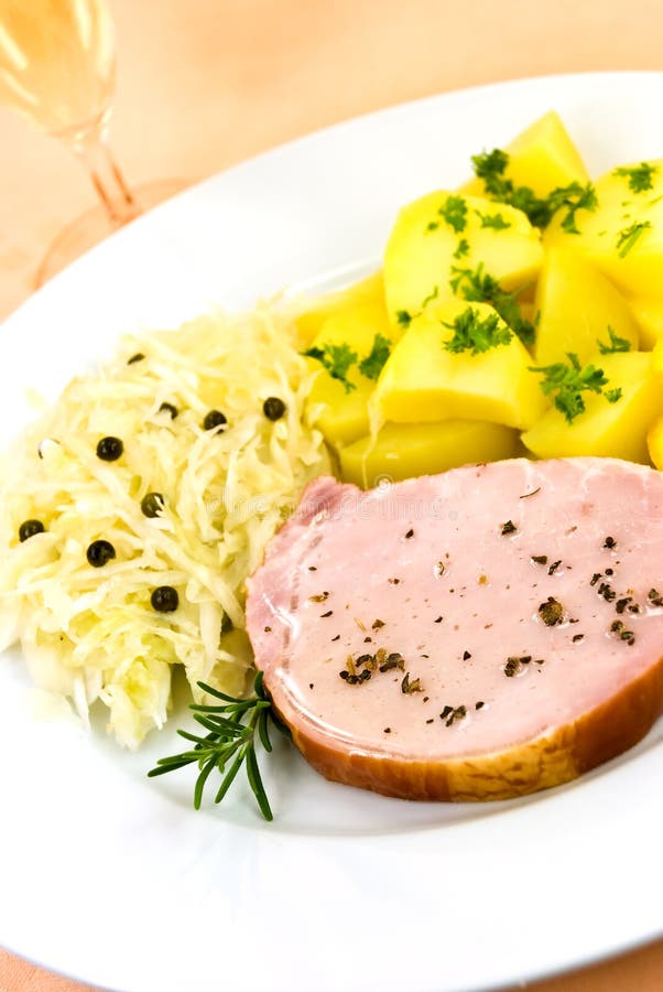 Smoked Ham with Cabbage and Boiled Potatoes Stock Image - Image of ...