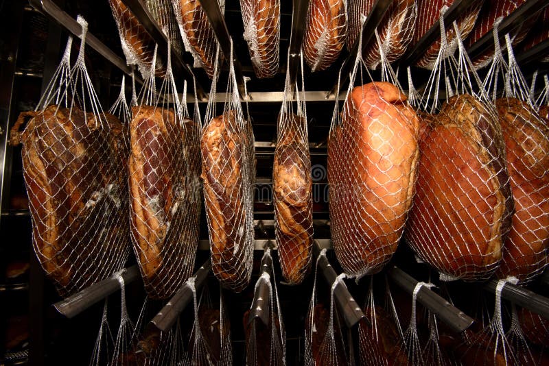 Smoked Ham Hanging in Industrial Cell Stock Photo - Image of horizontal ...