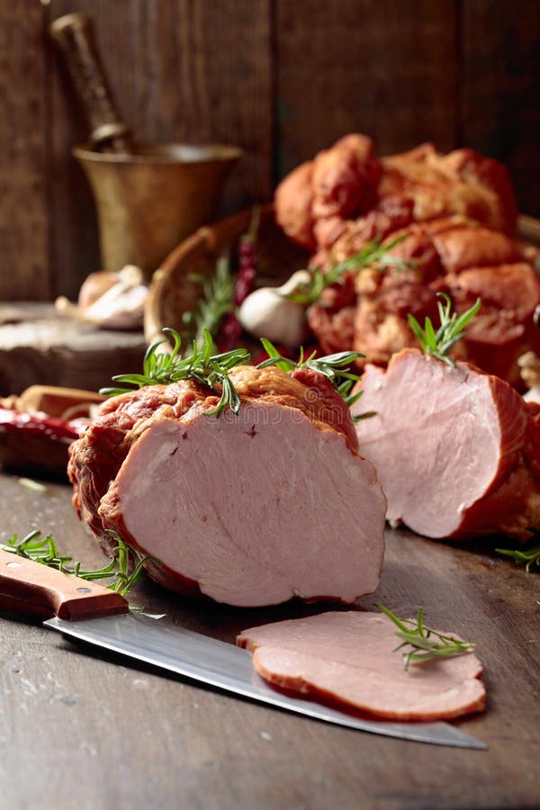 Smoked Ham on an Old Wooden Table Stock Image - Image of meat, sliced ...