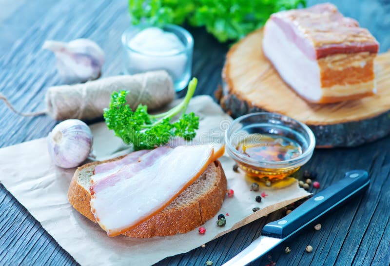 Smoked lard with bread stock image. Image of gourmet - 55501821