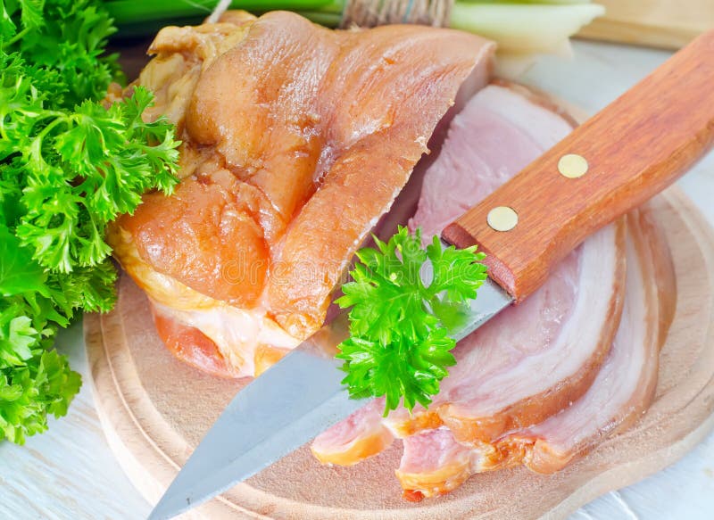 Smoked Lard, Bacon, Half a Piece, on a Wooden Dark Cutting Board Stock ...