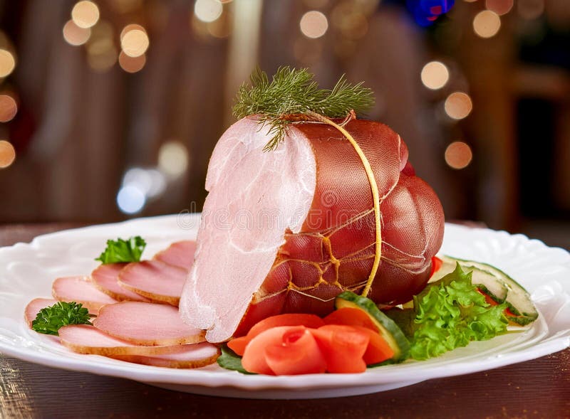 Smoked Meat with Vegetables on a Wooden Kitchen Table Stock ...