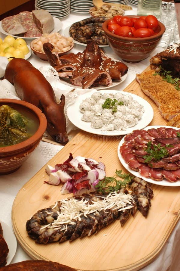 Smoked Pig, Ham, Sausage and Other Meals Stock Photo - Image of onion ...