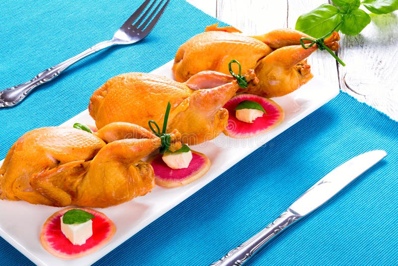 Smoked Quail on a Rectangular Dish, Close-up Stock Image - Image of ...