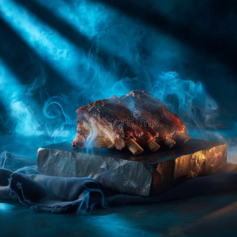 Smoked Ribs on Dark Stone Plate with Blue Dramatic Lighting Stock ...