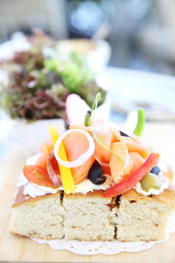Smoked salmon with bread stock image. Image of scrambled - 136993273