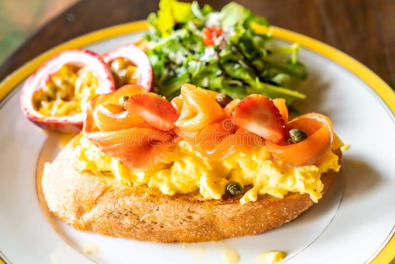 Smoked Salmon with Crumble Egg Toasted Stock Image - Image of feta ...