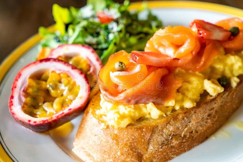 Smoked Salmon with Crumble Egg Toasted Stock Photo - Image of breakfast ...
