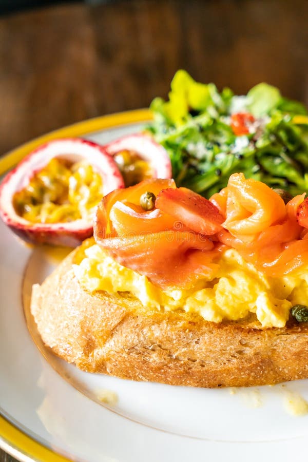 Smoked Salmon with Crumble Egg Toasted Stock Photo - Image of kitchen ...
