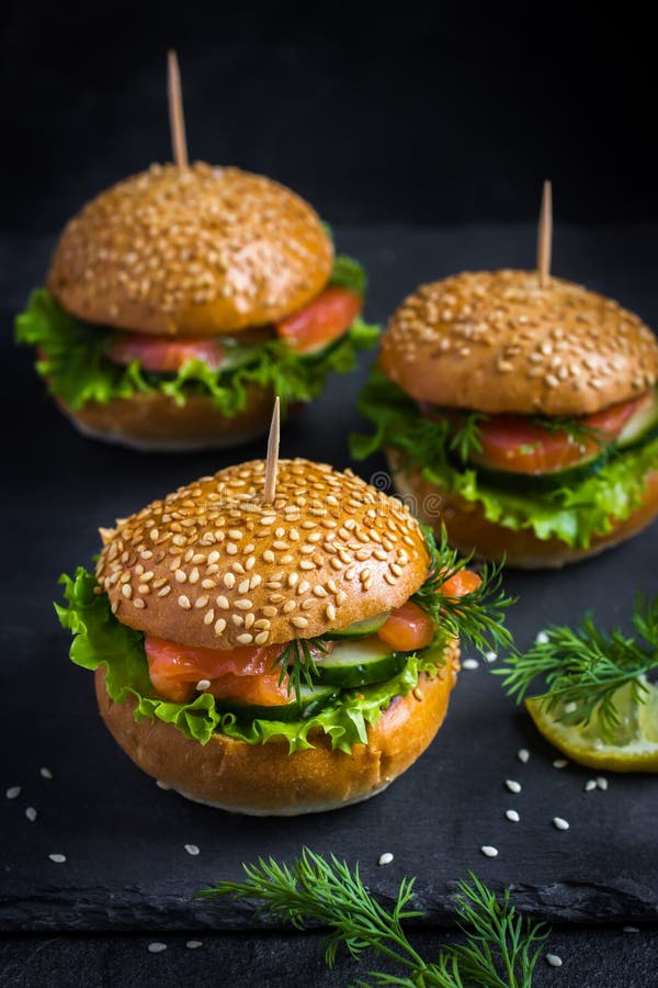 Smoked salmon mini burgers stock photo. Image of buns - 69519246