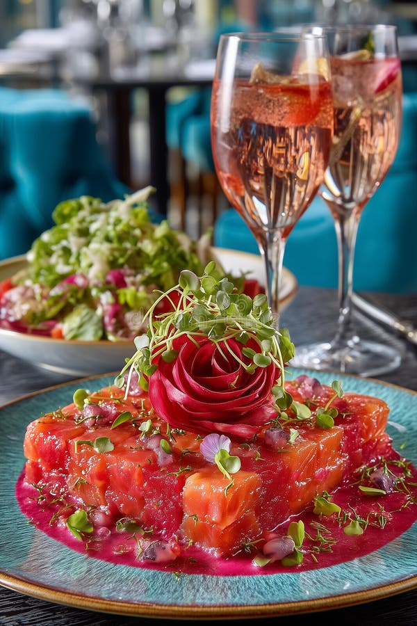 Smoked Salmon Rose Arranged Beautifully on Beetroot Carpaccio with ...