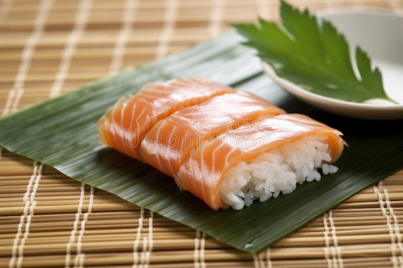 Smoked Salmon Sushi Roll on a Bamboo Mat Stock Image - Image of bamboo ...