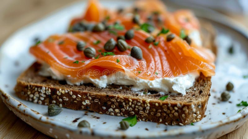 Smoked Salmon on Toast with Cream Cheese and Capers Stock Photo - Image ...