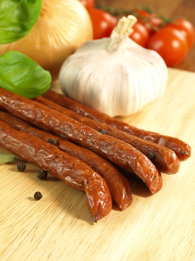 Smoked Sausage Sticks, Closeup Stock Image - Image of garlic, jess ...