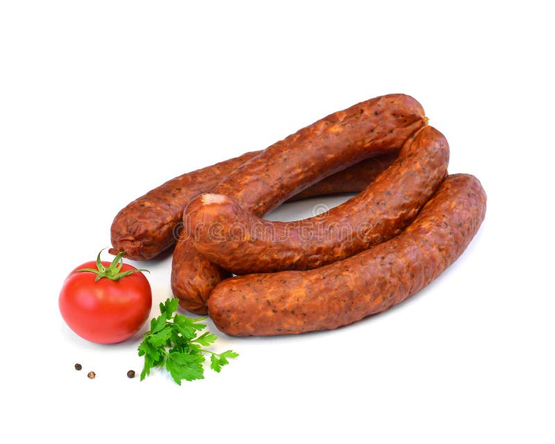 Smoked Sausages, Cooked Traditional Sausages on White Background Stock ...