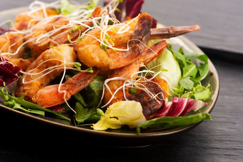 Smoked Shrimp on Fresh Salad with Alfalfa Sprouts Stock Photo - Image ...
