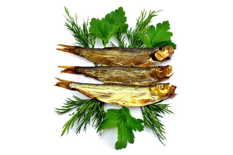 Hot Smoked Sprat and Anchovy Fishes in Pan. Isolated, White Background ...
