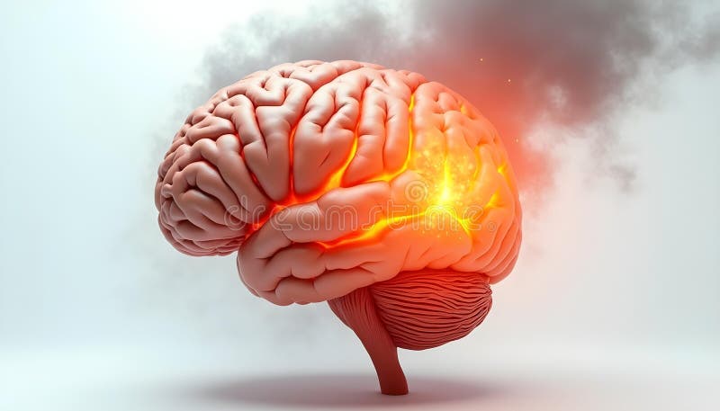 Smoking and Burning Realistic Brain on Fire Symbolizing Stress, Anger ...