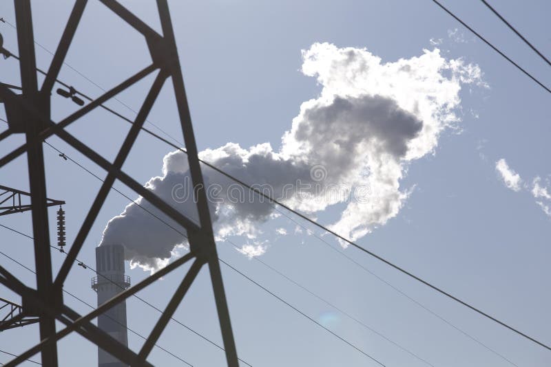 Smoking Chimney and High-voltage Electric Lines Stock Image - Image of ...