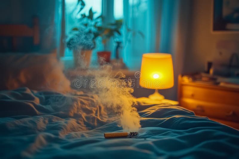 Smoking Cigarette is Lying on the Bed in the Room, a Fire Hazard from ...