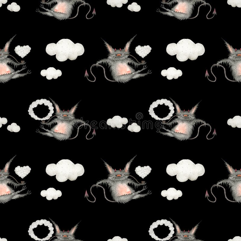 Smoking Devils Watercolor Seamless Pattern Stock Illustration ...