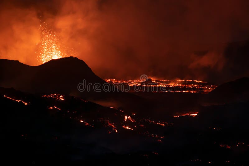 Volcanic Eruption Night Landscape Iceland Stock Photo - Image of ...