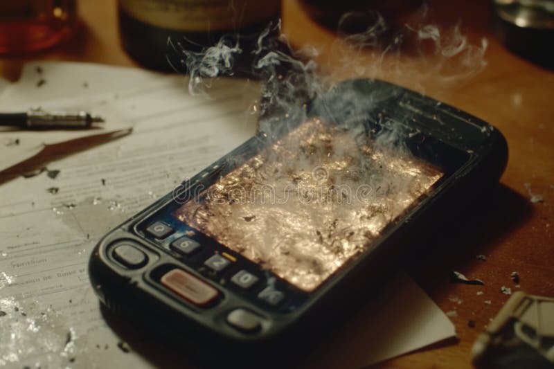 Smoking Smartphone Explosion on Table with Smoke and Documents Stock ...