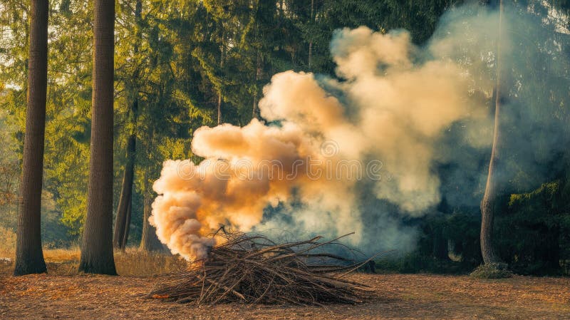 A Smoky Bonfire Surrounded by Tall Trees in a Serene Forest Setting ...