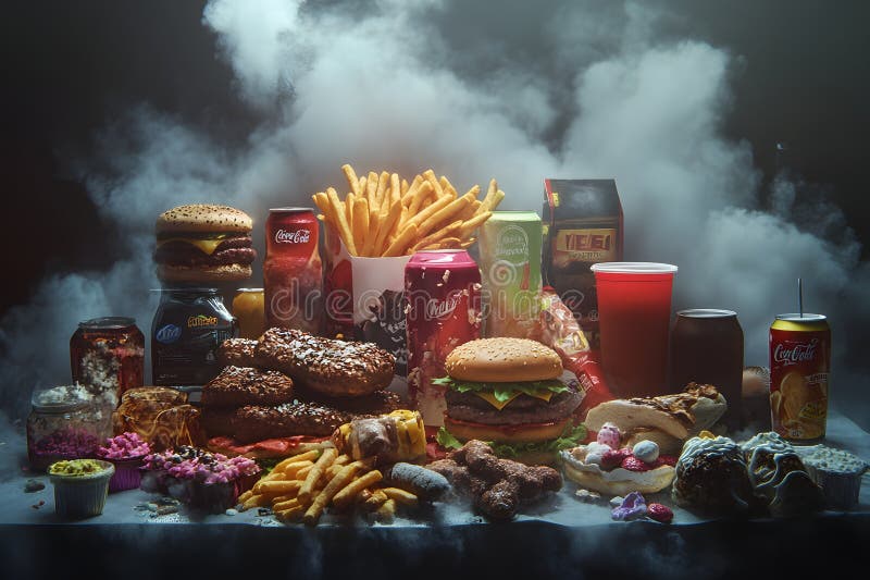Smoky 3D Render of Junk Food Extravaganza Stock Illustration ...