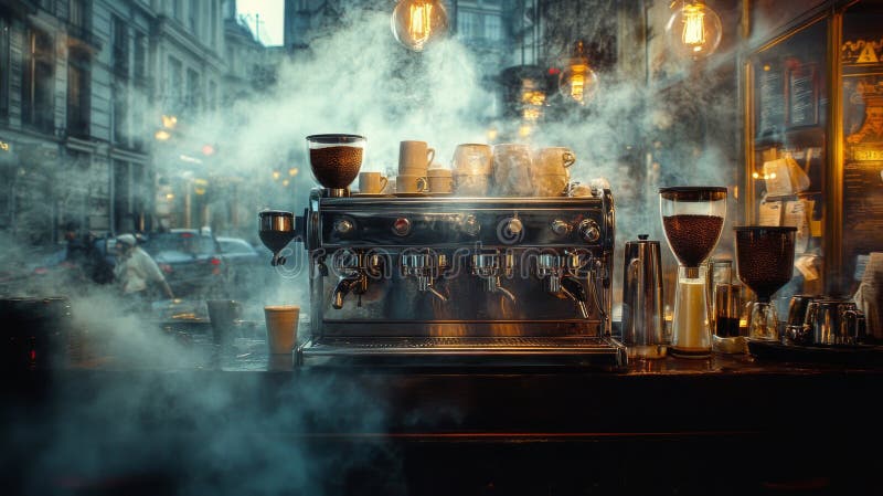 Smoky Espresso Machine in City Cafe at Night Stock Illustration ...