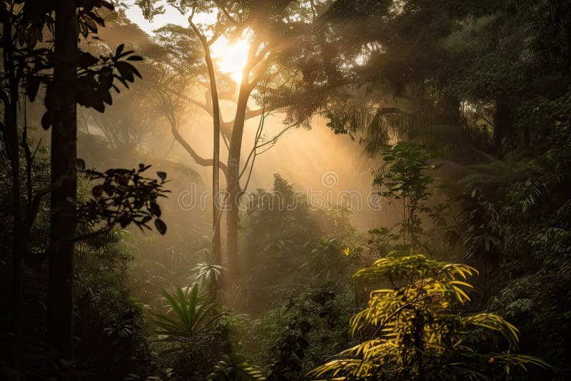 Smoky Jungle at Dusk, with the Rays of the Setting Sun Shining through ...