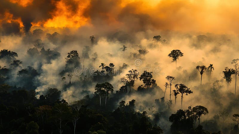 Smoky Rainforest Sunset with Fire Stock Image - Image of clouds, forest ...