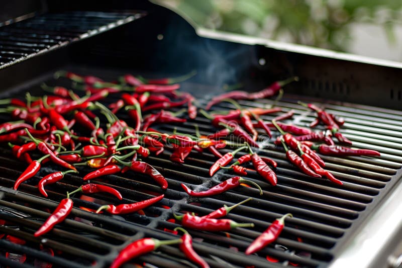 Smoky Red Chili Peppers Spread on a Grill Stock Photo - Image of chili ...