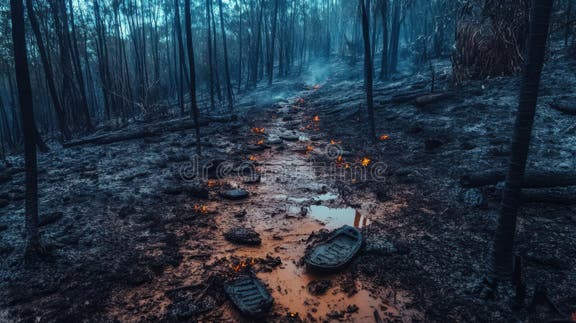 Smoldering Embers and Footprints Mark Path through Burnt Forest Stock ...