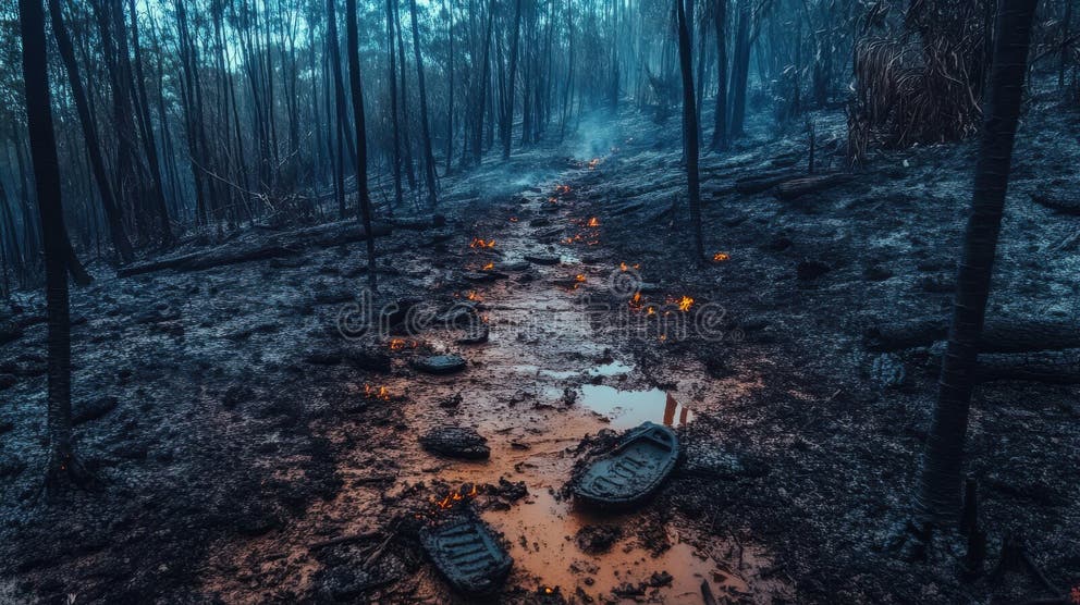 Smoldering Embers and Footprints Mark Path through Burnt Forest Stock ...