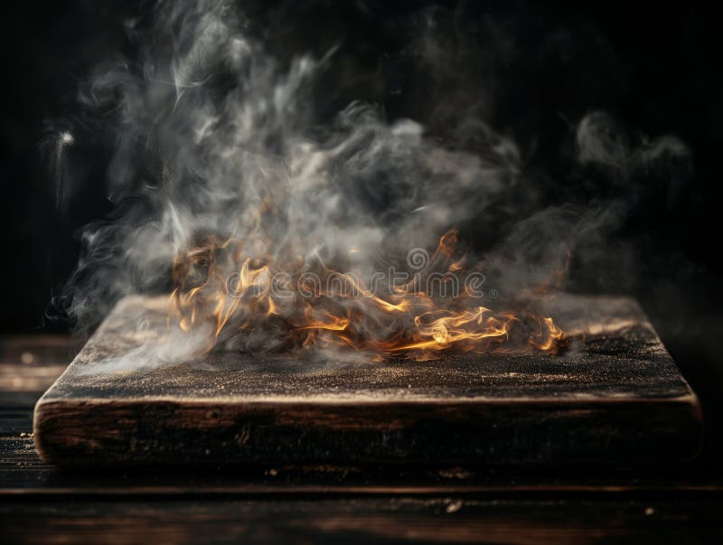 Smoldering Flames and Smoke on Wooden Surface in Dark Setting Stock ...