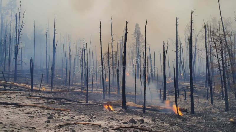 Smoldering Remains of Forest Fire Burning with Smoke and Ash Stock ...