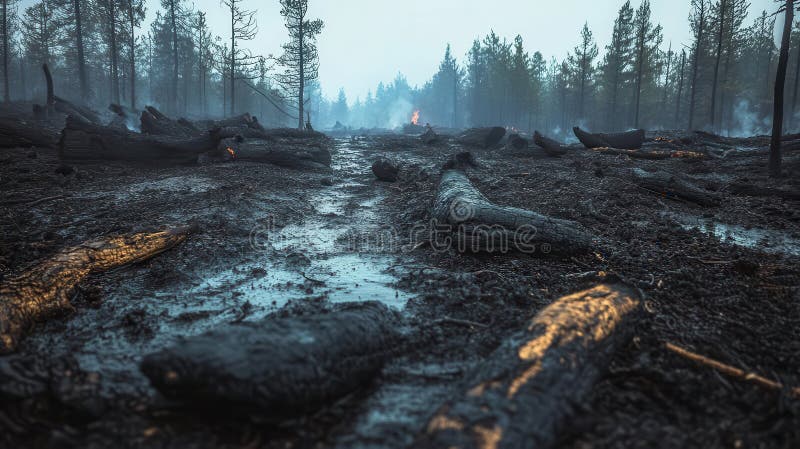Smoldering Remains of a Forest Fire: Devastation and Destruction Stock ...
