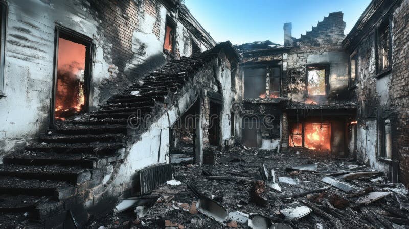 Devastating Fire Engulfing a Residential House at Sunset Stock ...